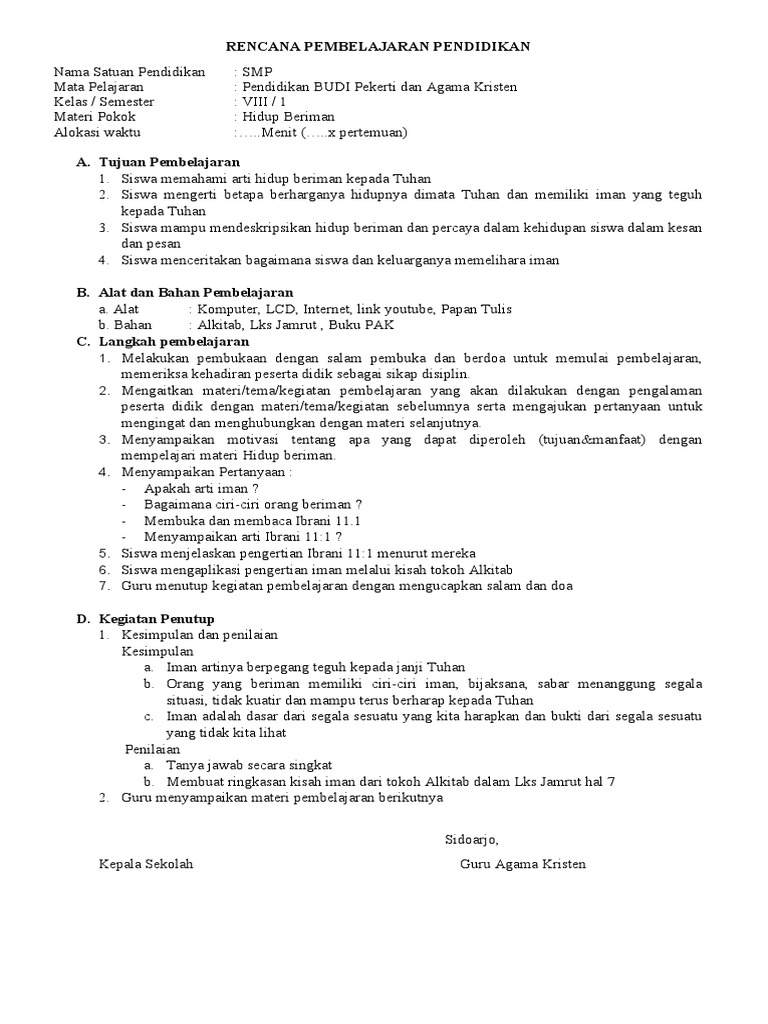 1 - RPP 1 Lembar PAK Kelas 7 Semester 1 CAHYO-SMPN Rev | PDF