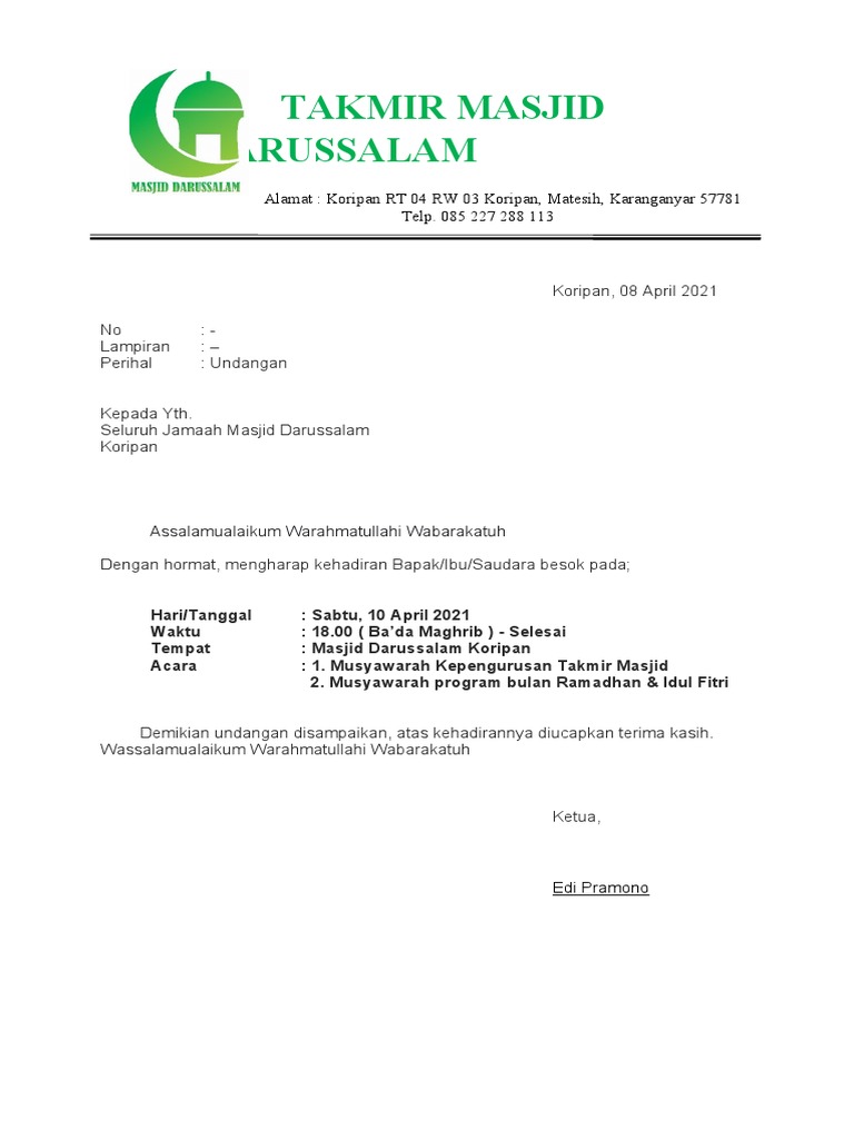 Surat Undangan Masjid Darussalam | PDF