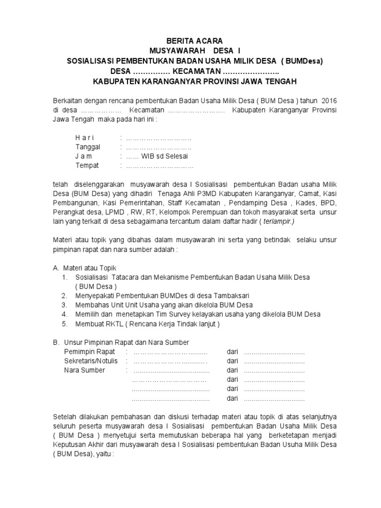 Ba Musdes I Sosialisasi Pembentukan Bumdes Desa | PDF