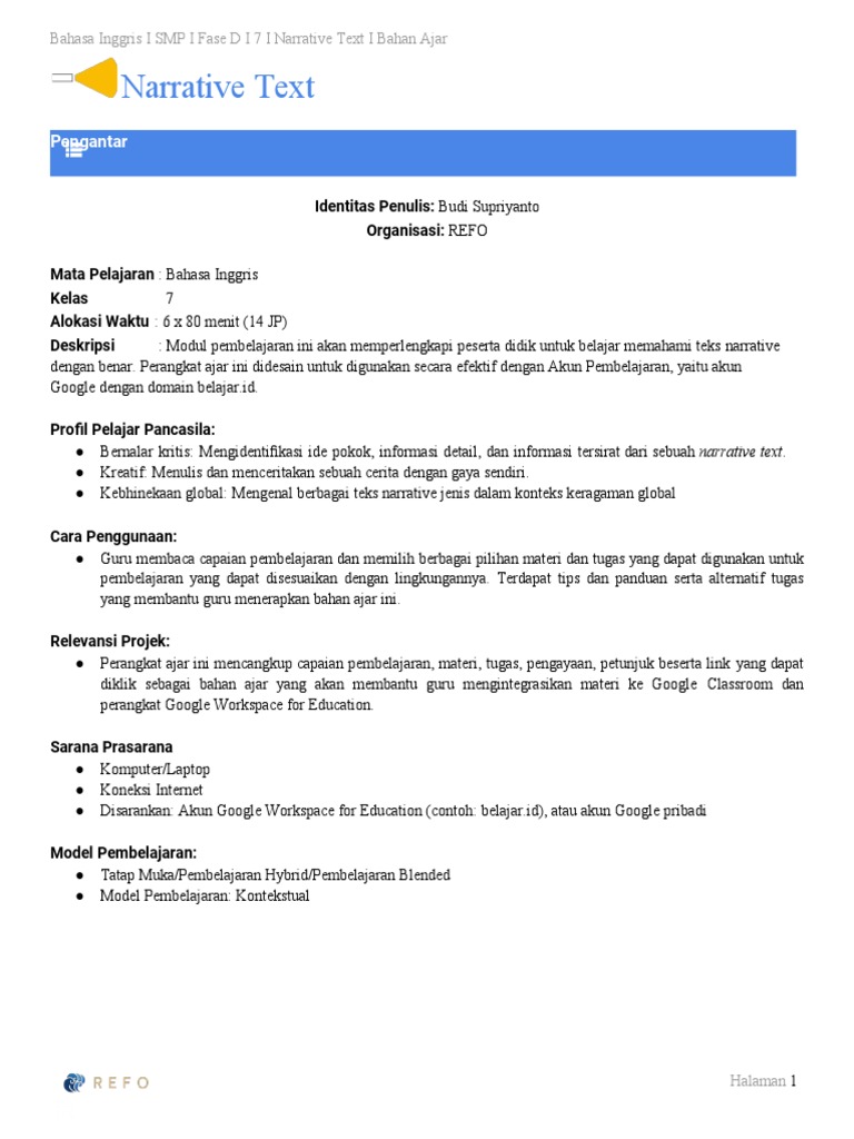 Bahasa Inggris Bahan Ajar 7 Narrative Text-Fable | PDF | Seni ...