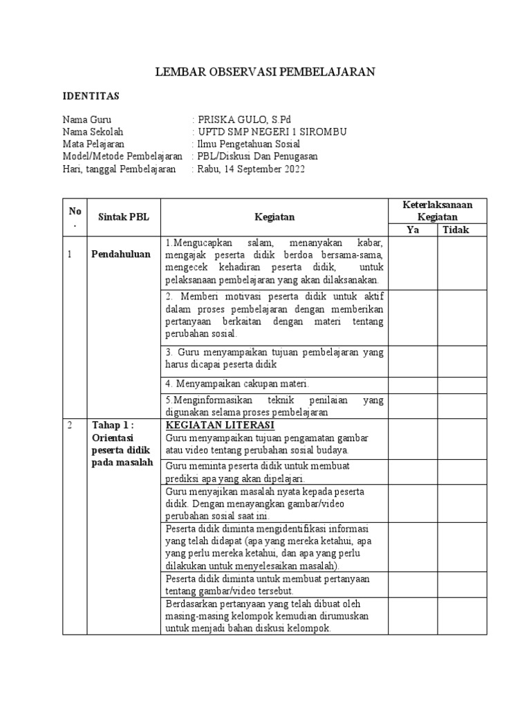 Lembar Observasi Sintak | PDF