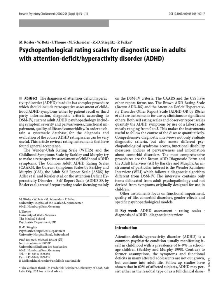 Psychopathological Rating Scales For Diagnostic Use in Adults With Attention-Deficit ...