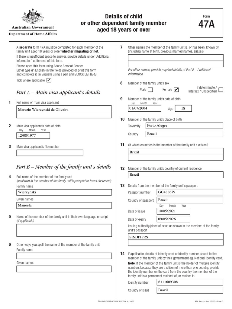 Part A - Main Visa Applicant's Details: Details of Child or Other ...