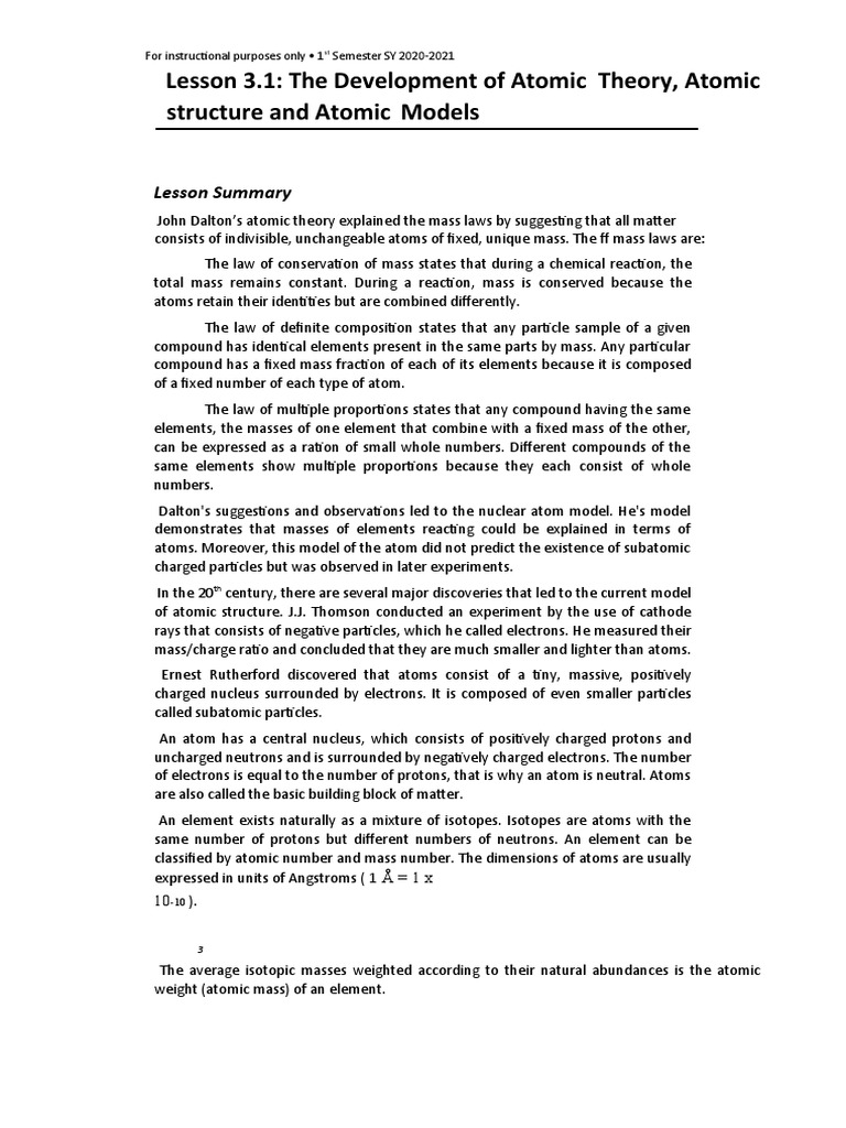Lesson 3 1 The Development Of Atomic Theory Atomic Structure And Atomic Models Pdf Atoms