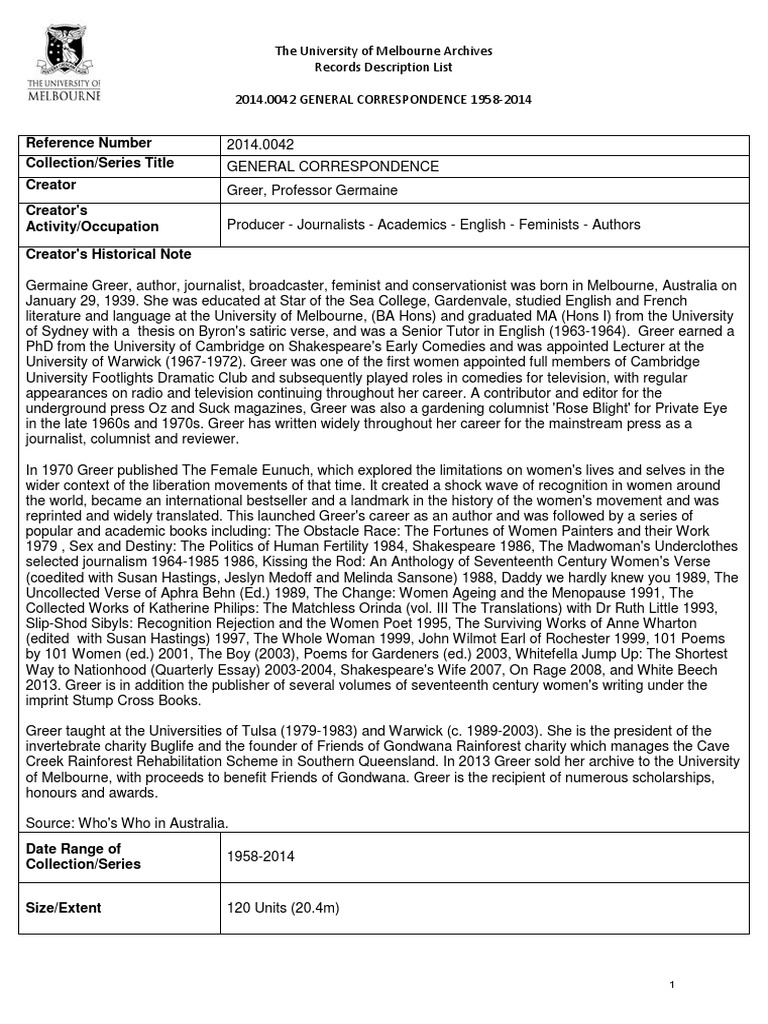 GREER, Professor Germaine - General Correspondence 2014 - 0044 | PDF