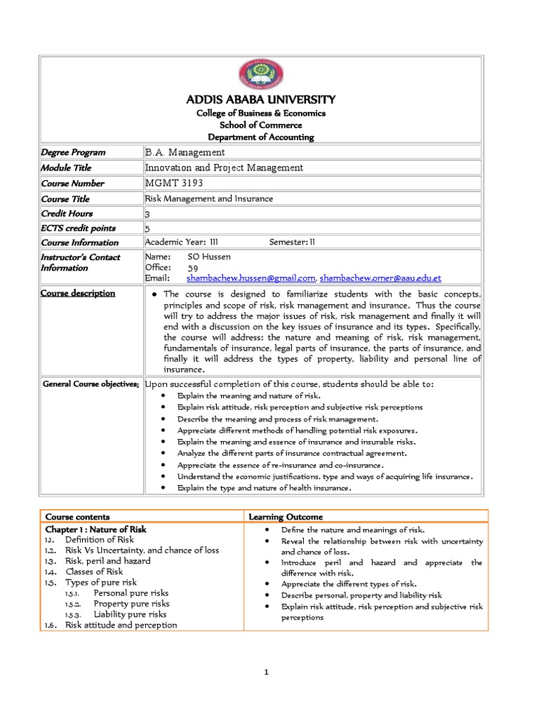 Cource Out Line Risk Final AAU | PDF | Risk | Insurance