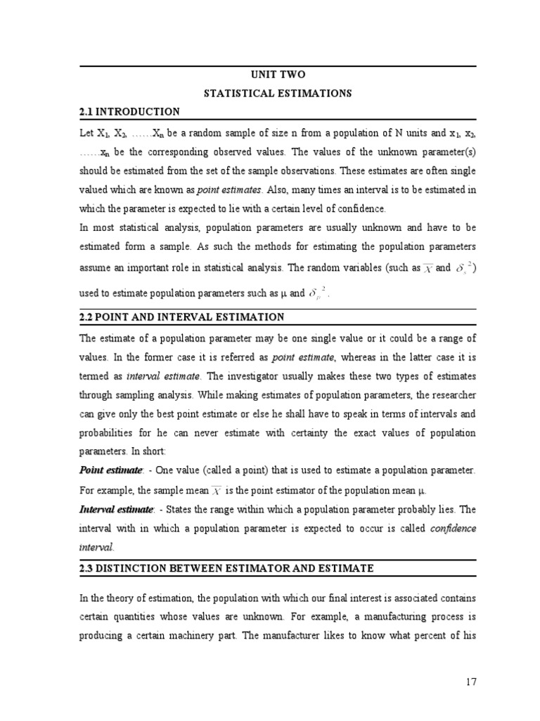Unit 2 Statistical Estimation Pdf Estimator Confidence Interval
