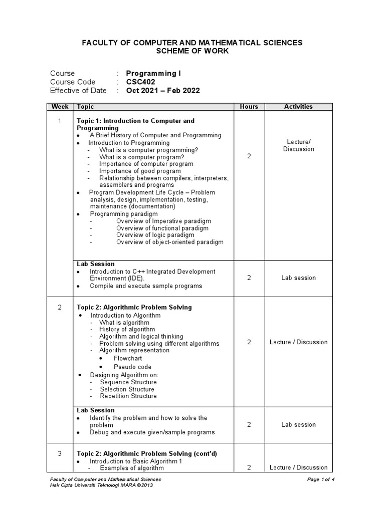 Scheme of Work Programming I | PDF | Computer Programming | Computer ...