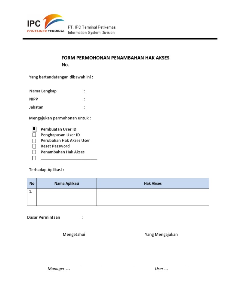 Form Permintaan User Id TPK | PDF