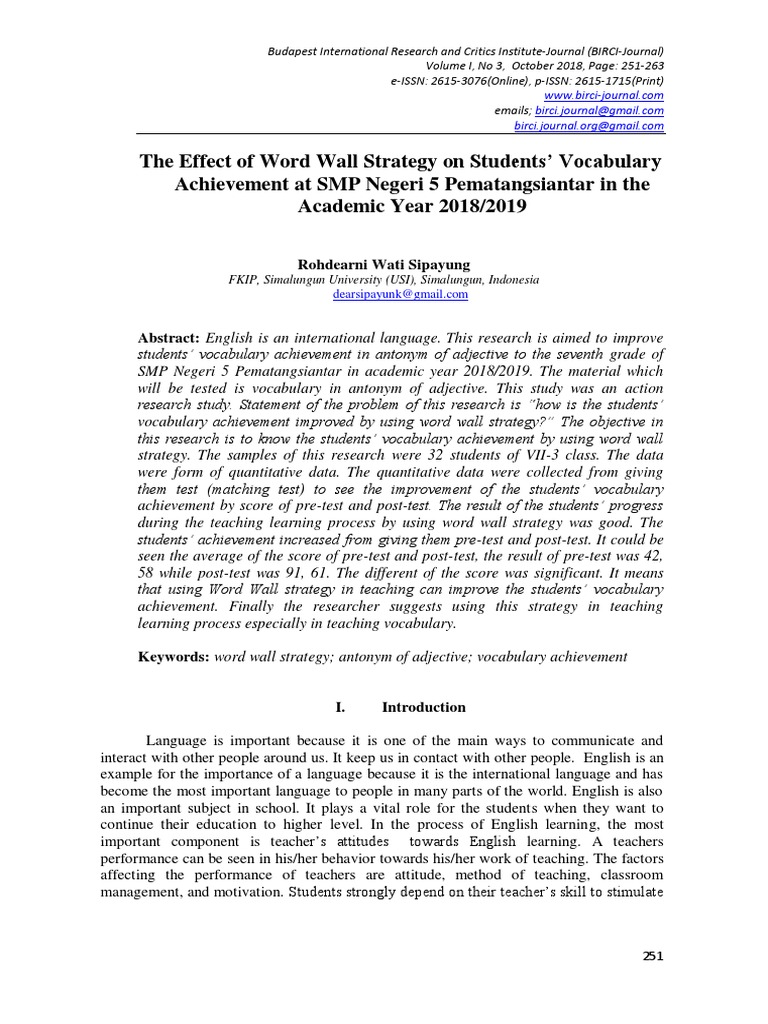 The Effect of Word Wall Strategy On Students Voca | PDF | Vocabulary | Learning