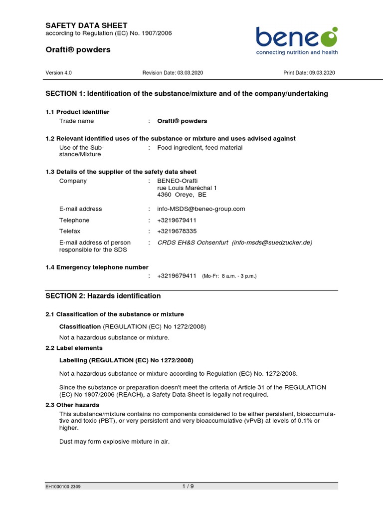 SDS Orafti Powder en | PDF | Toxicity | Dangerous Goods