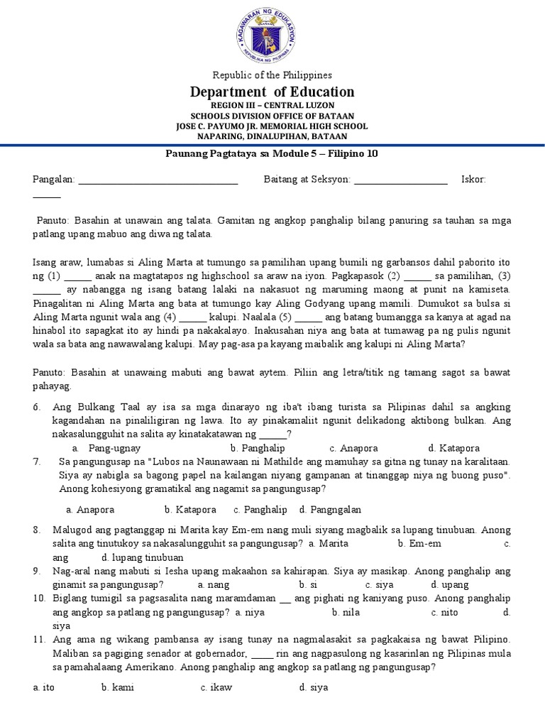 Panimulang Pagtataya Sa Filipino 10 | PDF Panimulang Pagtataya Sa Filipino 10 | PDF