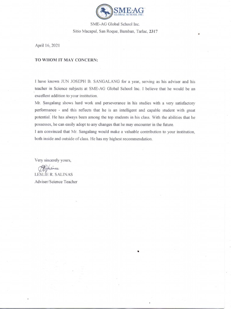 Recommendation Letter (Science) | PDF