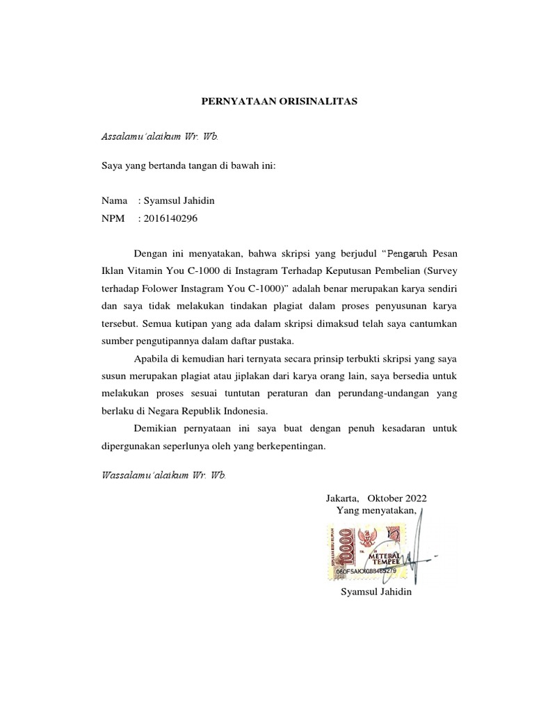 Pernyataan Orisinalitas | PDF