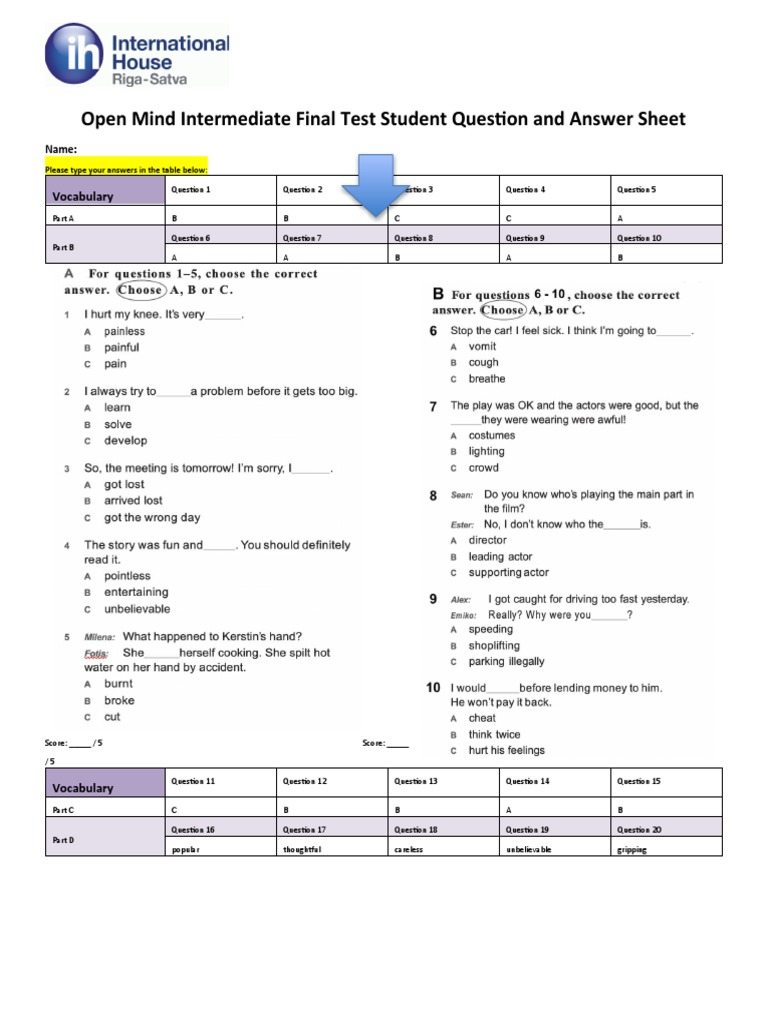 Open Mind Intermediate Final Test Student Question and Answer Sheet ...