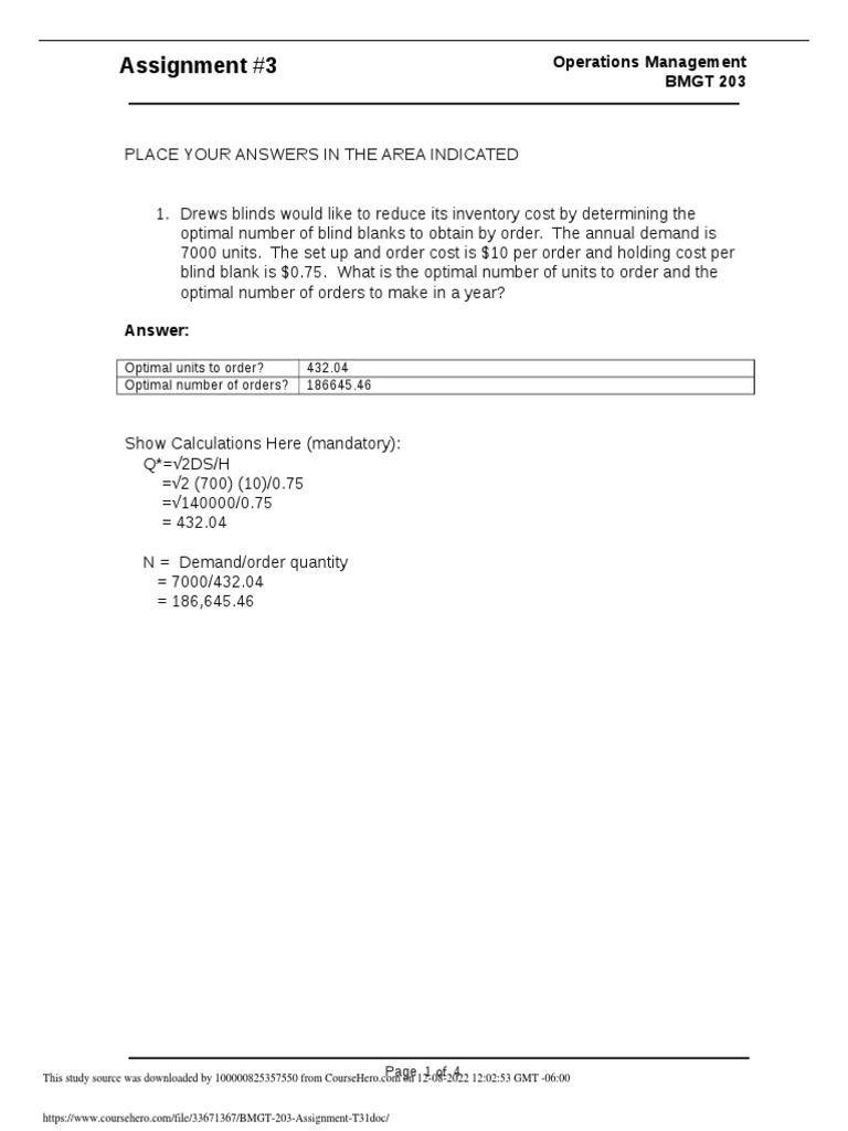 BMGT 203 Assignment T3 1 | PDF | Operations Management | Inventory