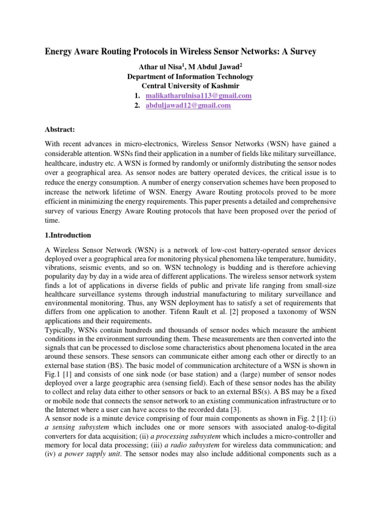 Energy Aware Routing In Wsn Pdf Wireless Sensor Network Routing