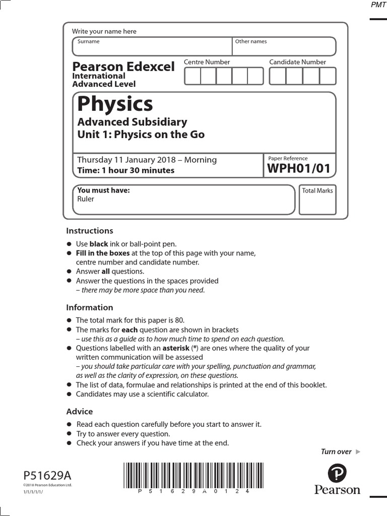 January 2018 (IAL) QP - Unit 1 Edexcel Physics A-Level | PDF | Mass ...