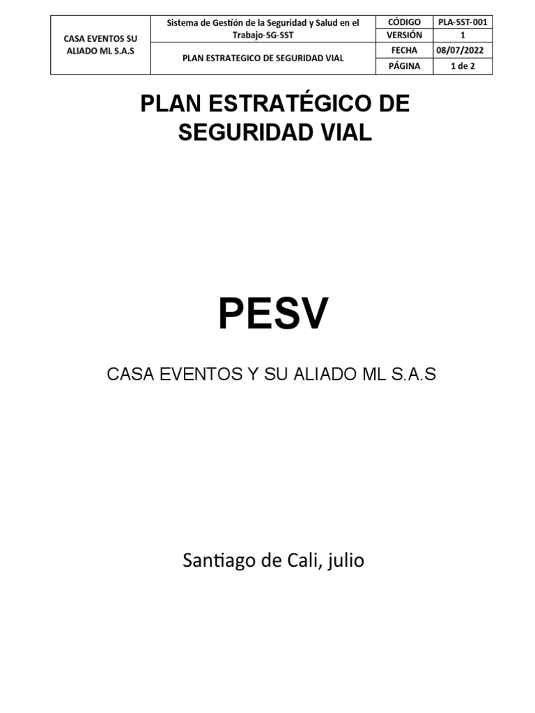 Plan Estratégico de Seguridad Vial (Pesv) | PDF | Planificación estratégica | Seguridad vial