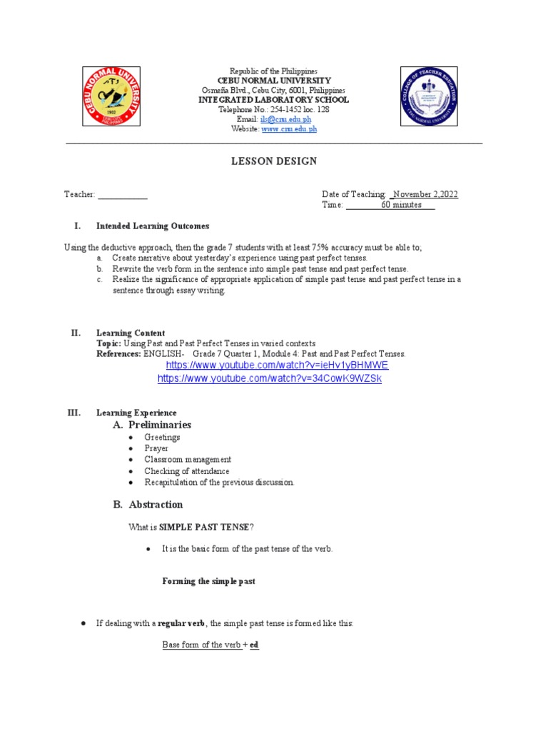 Revised Deductive Lesson Plan Group 3 | PDF | Perfect (Grammar ...