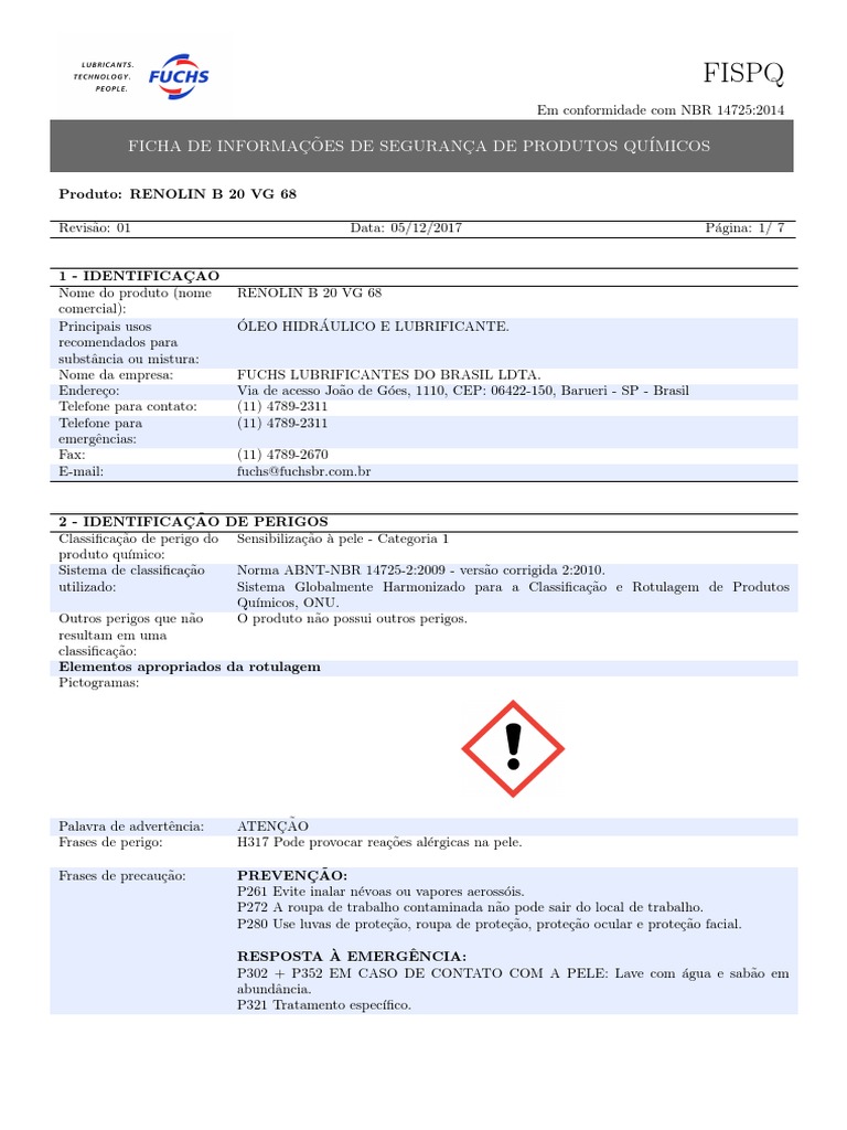 Renolin B 20 Vg 68 Fispq Ghs Pdf Embalagem E Rotulagem Solvente