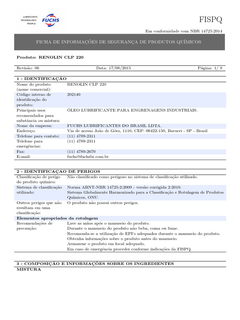 Ficha de Segurança Renolin CLP 220 | PDF | Ciências Físicas | Química