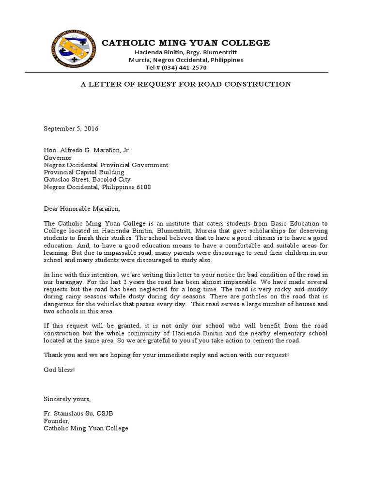 Sample Letter of Request For Road Construction | PDF