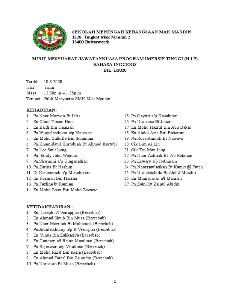 Minit Mesyuarat Hip Bi | PDF