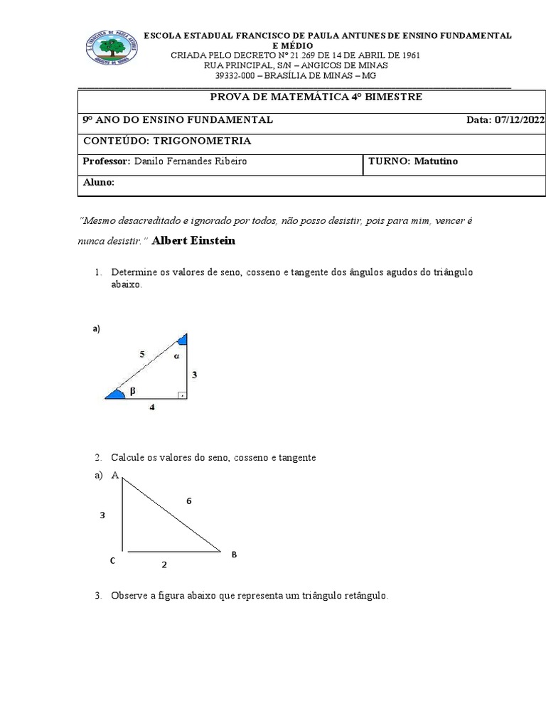 Prova de Matemática 9 Ano - Adaptada | PDF