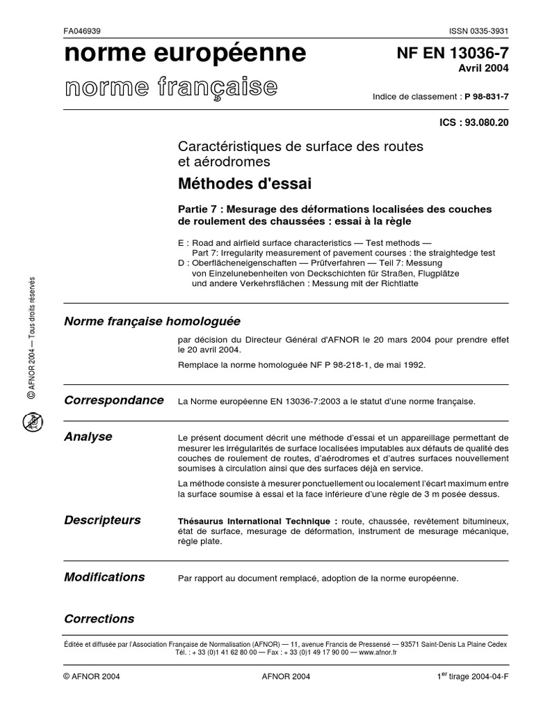 NF en 13036-7 Essai A La Regle | PDF