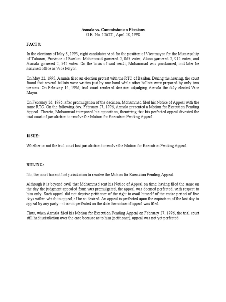 Asmala vs. Comelec, 289 Scra 746 | PDF