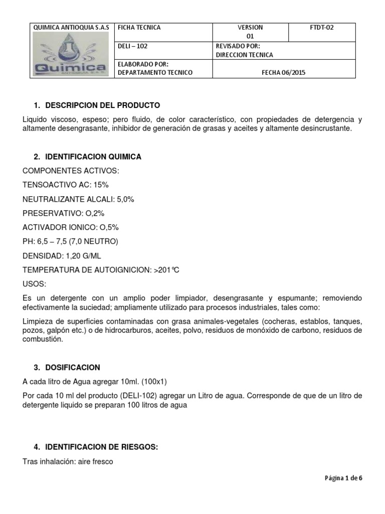 Detergente Industrial: Ficha Técnica | PDF | Agua | Residuos