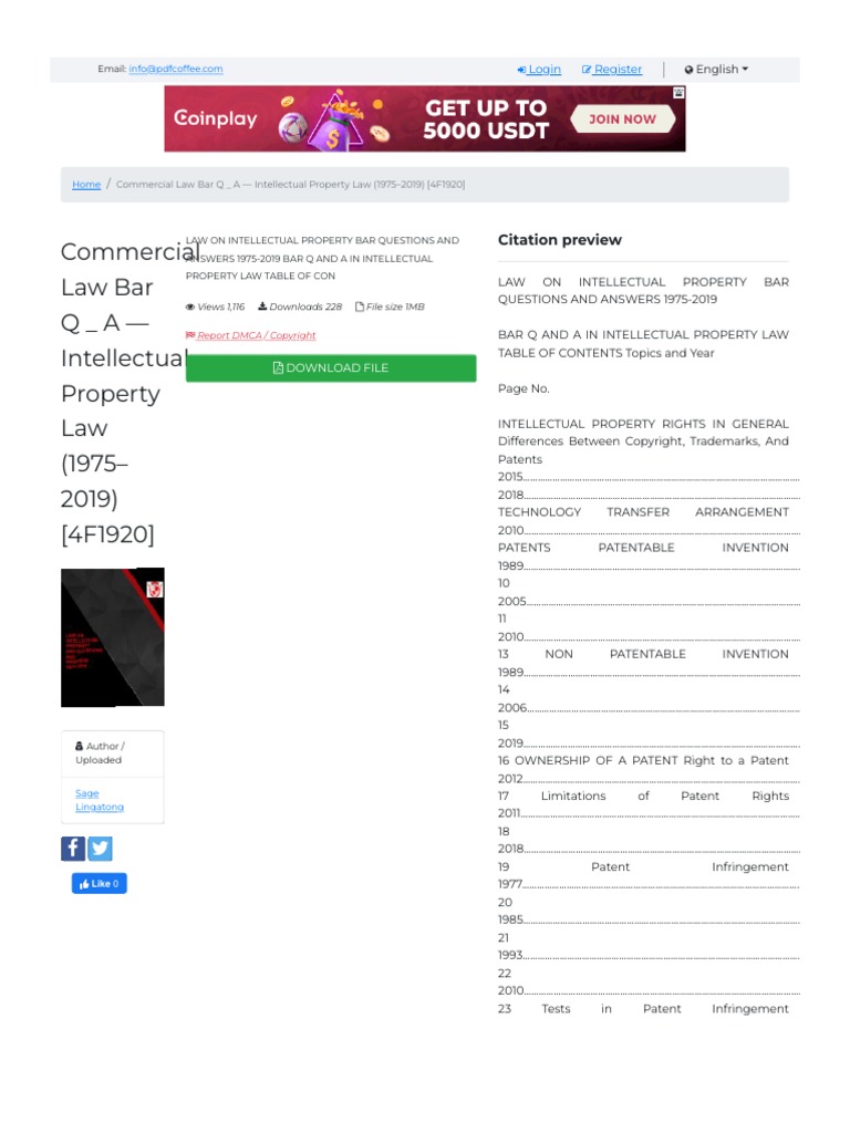 Commercial Law Bar Q - A - Intellectual Property Law (1975-2019) (4F1920) | Download Free PDF ...