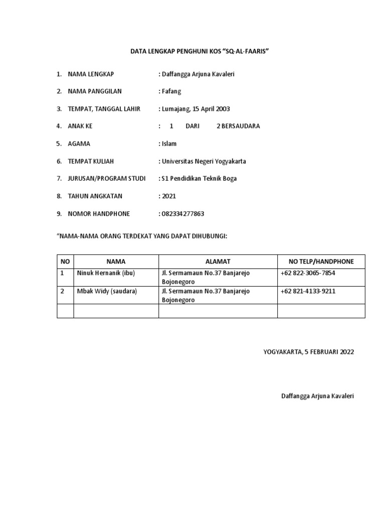 Data Lengkap Penghuni Kos | PDF