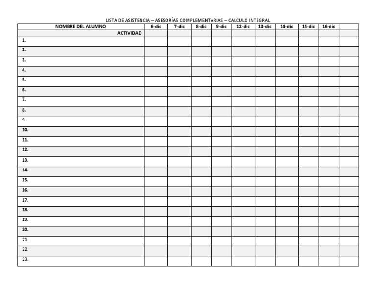 Lista Asistencia-Asesorias Complementaria - Calculo Integral | PDF
