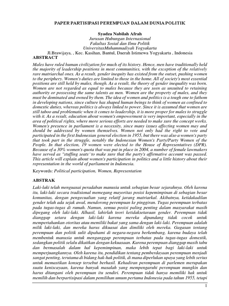 Syadza Nabilah Afrah - 20190510004 - KAJIAN GENDER DAN POLITIK KELAS A - Partisipasi Perempuan ...