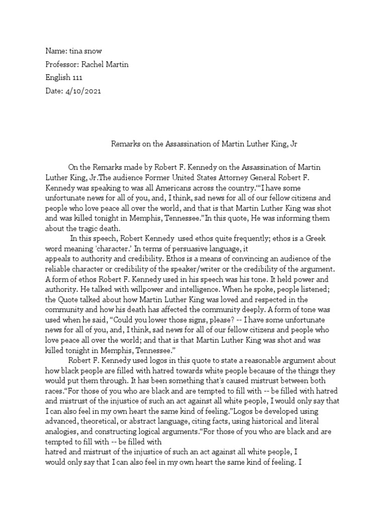 Analyzing RFK's MLK Assassination Speech | PDF | Martin Luther King Jr ...