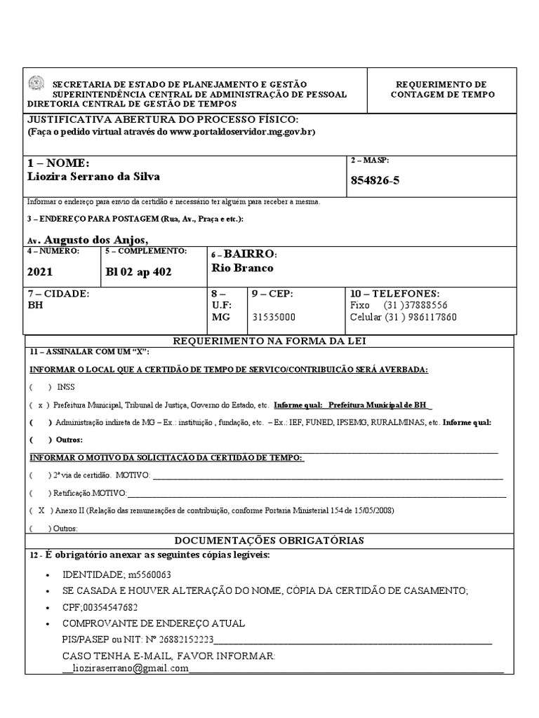 Requerimento de Contagem de Tempo para Averbacao em Branco Assinado | PDF