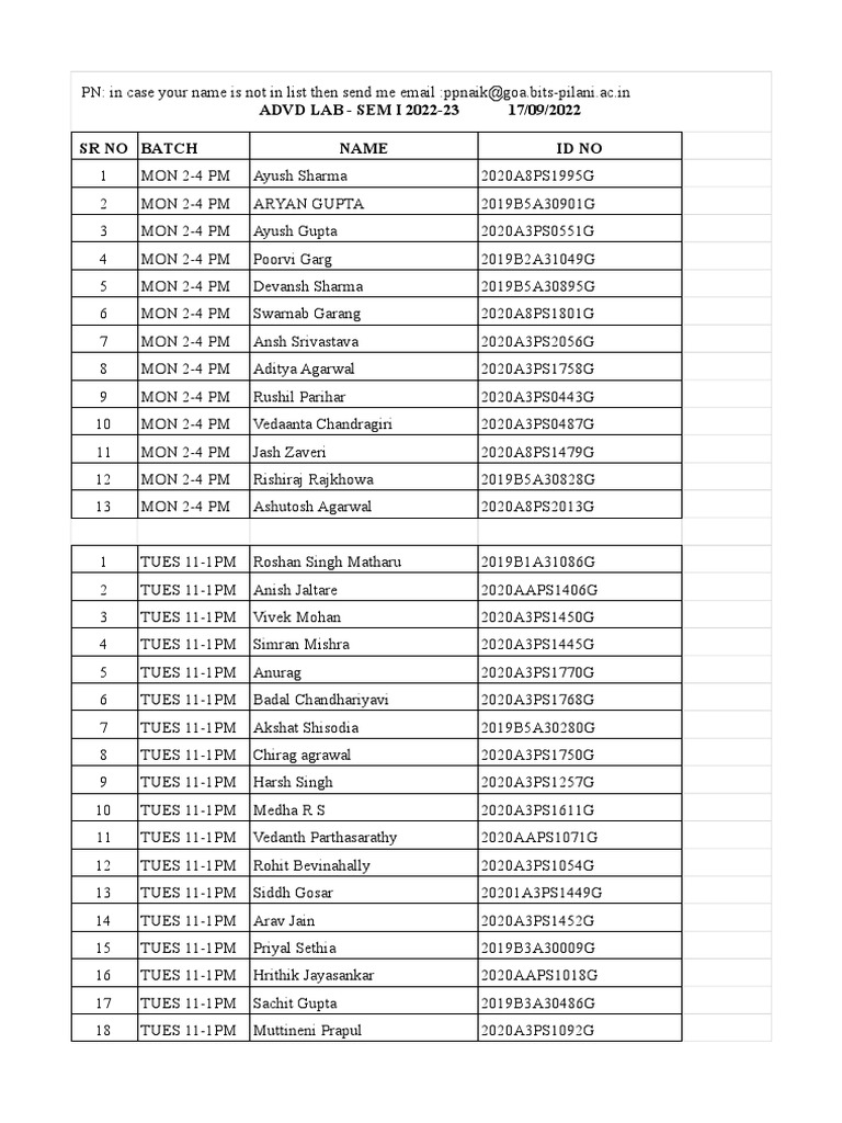 Advd - Lab 2022-23 - Advd Lab Schedule | PDF