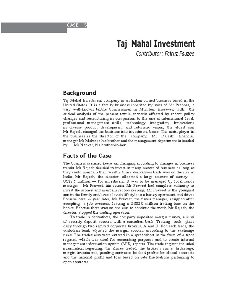 Case 5 - Taj Mahal Investment | PDF | Audit | Internal Audit