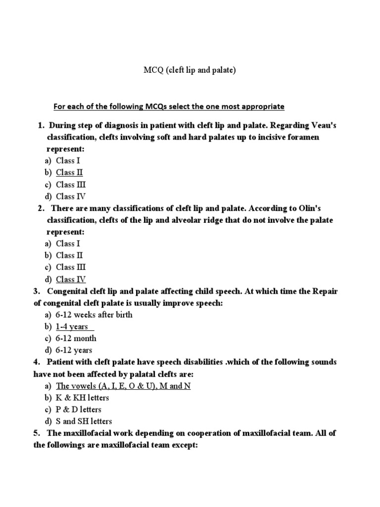 Veau Classification MCQs on Cleft Lip/Palate | PDF | Clinical Medicine ...