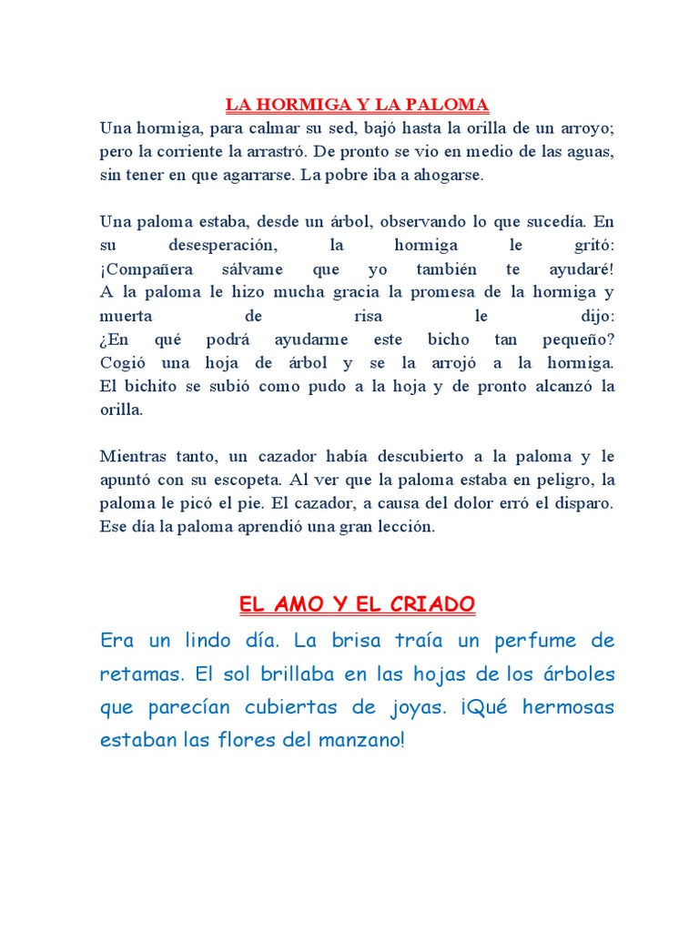 Actividades sobre "La Hormiga y la Paloma" | PDF | Hogar, jardinería y ...