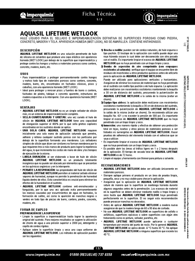Aquasil Lifetime Wetlook | PDF | Hormigón | Agua
