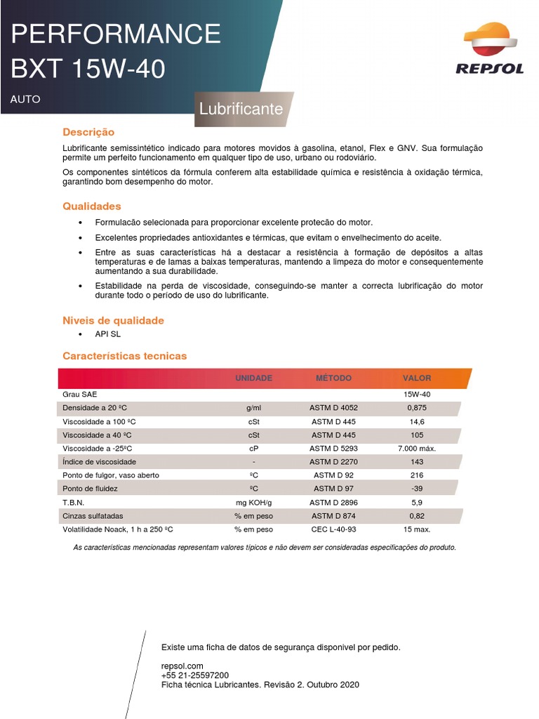 Lubrificante Semissintético BXT 15W-40 | PDF | Ciências Físicas | Química