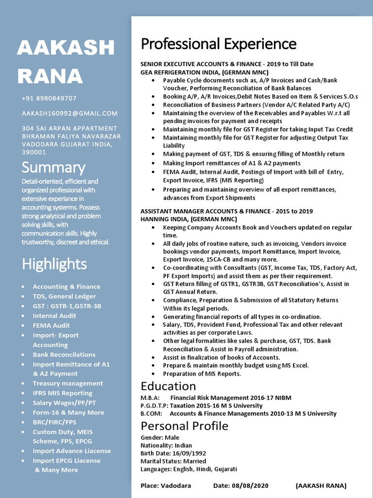 Aakash Rana: Professional Experience | PDF | Invoice | Value Added Tax