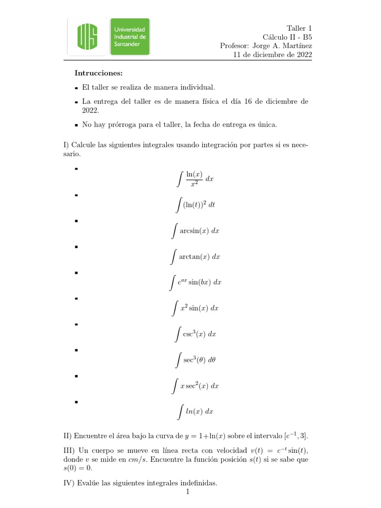 Taller 2 C Lculo II 2022 2 B5 | PDF | Integral | Álgebra lineal