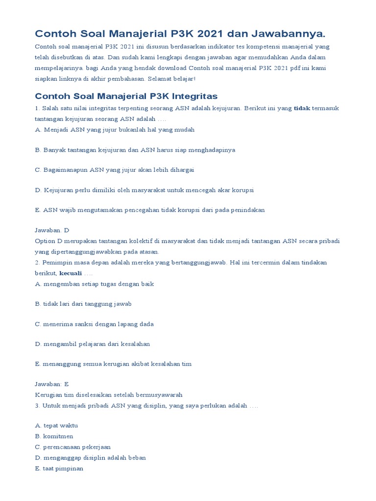 Contoh Soal Manajerial P3K 2021 Dan Jawabannya | PDF