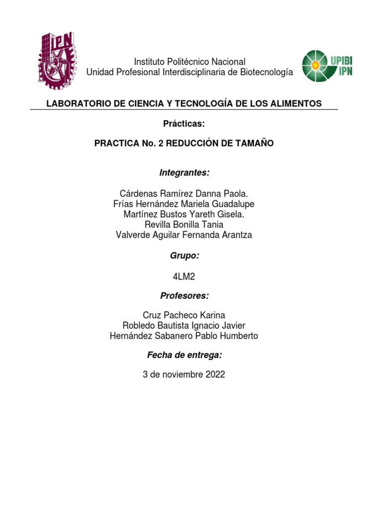 CyTA Eq4 Reporte2 Practica2 Reducción de Tamaño | PDF | Patata | Alimentos