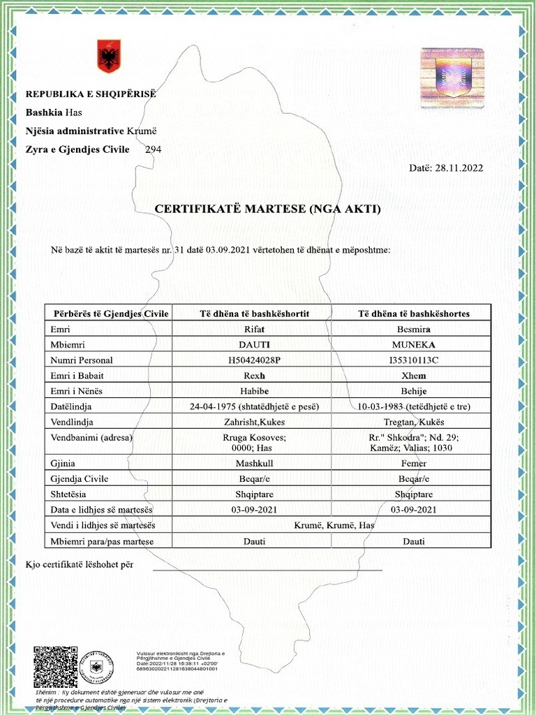 Certifikate Nga Akti I Marteses Shqip 28 11 2022 | PDF