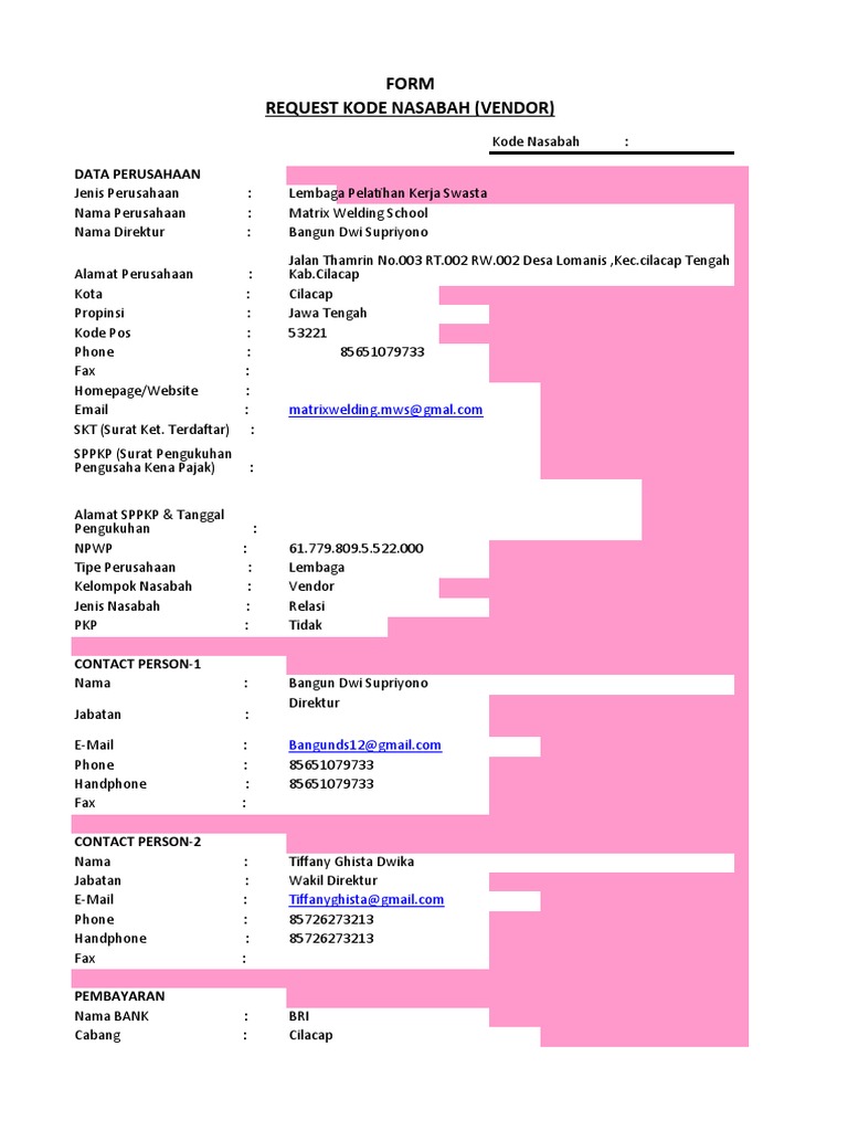Form Request Kode Nasabah Vendor | PDF